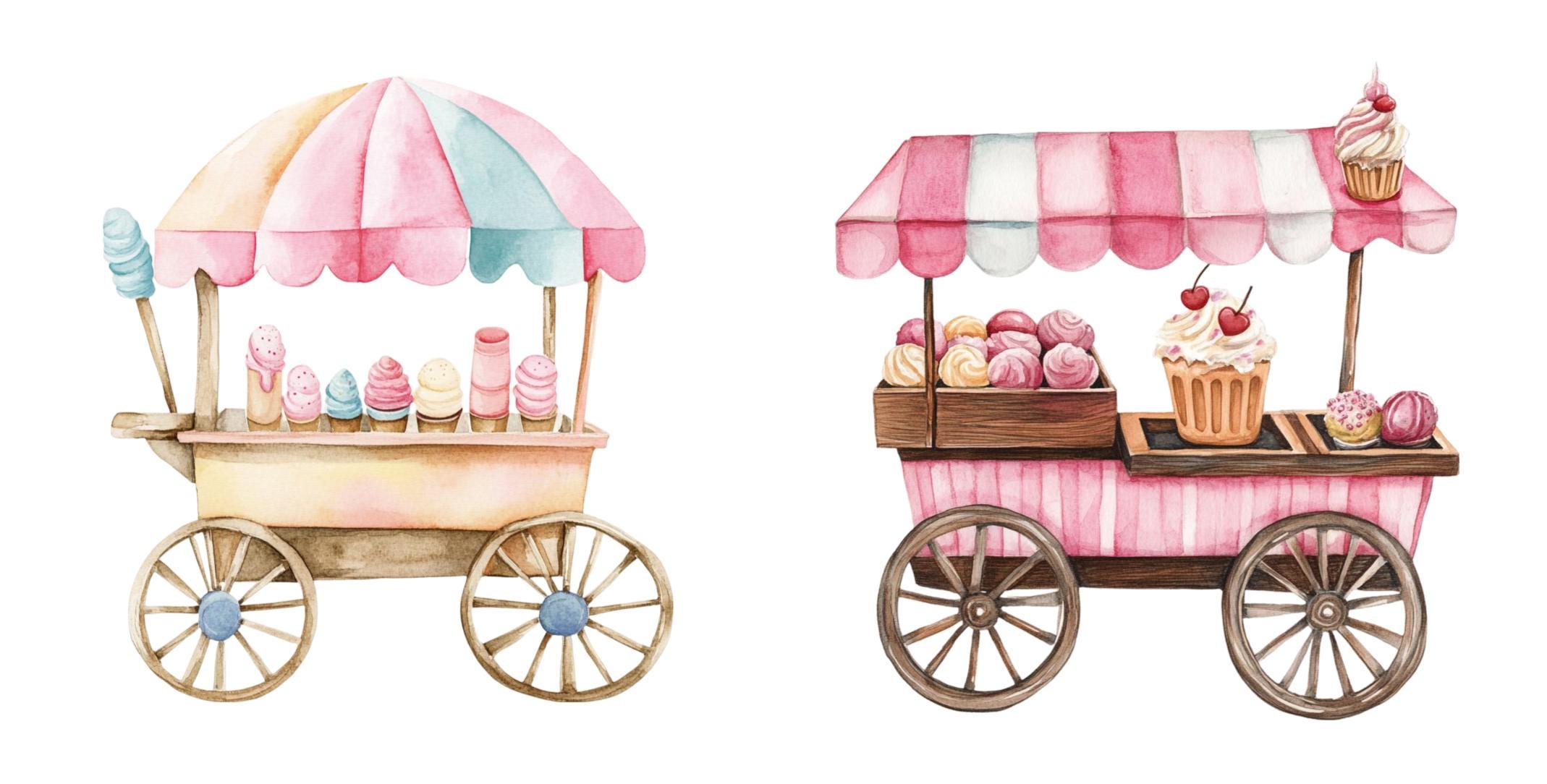 Watercolor Ice Cream Cart Clipart Bundle, Ice Cream Cart Png, Clip Art ...