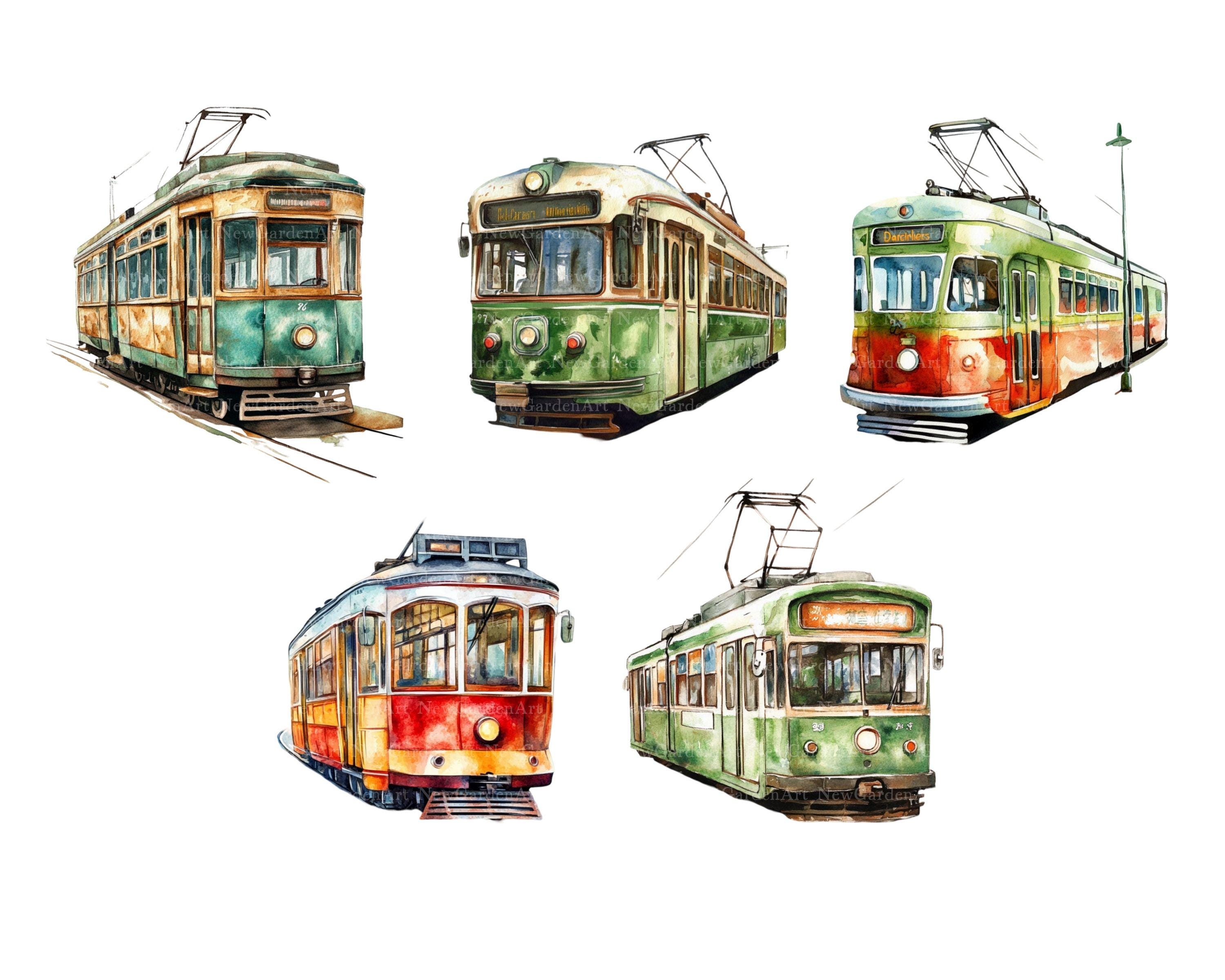 Watercolor Tram Clipart Bundle, Tram Png, Streetcar Clip Art, Vintage ...