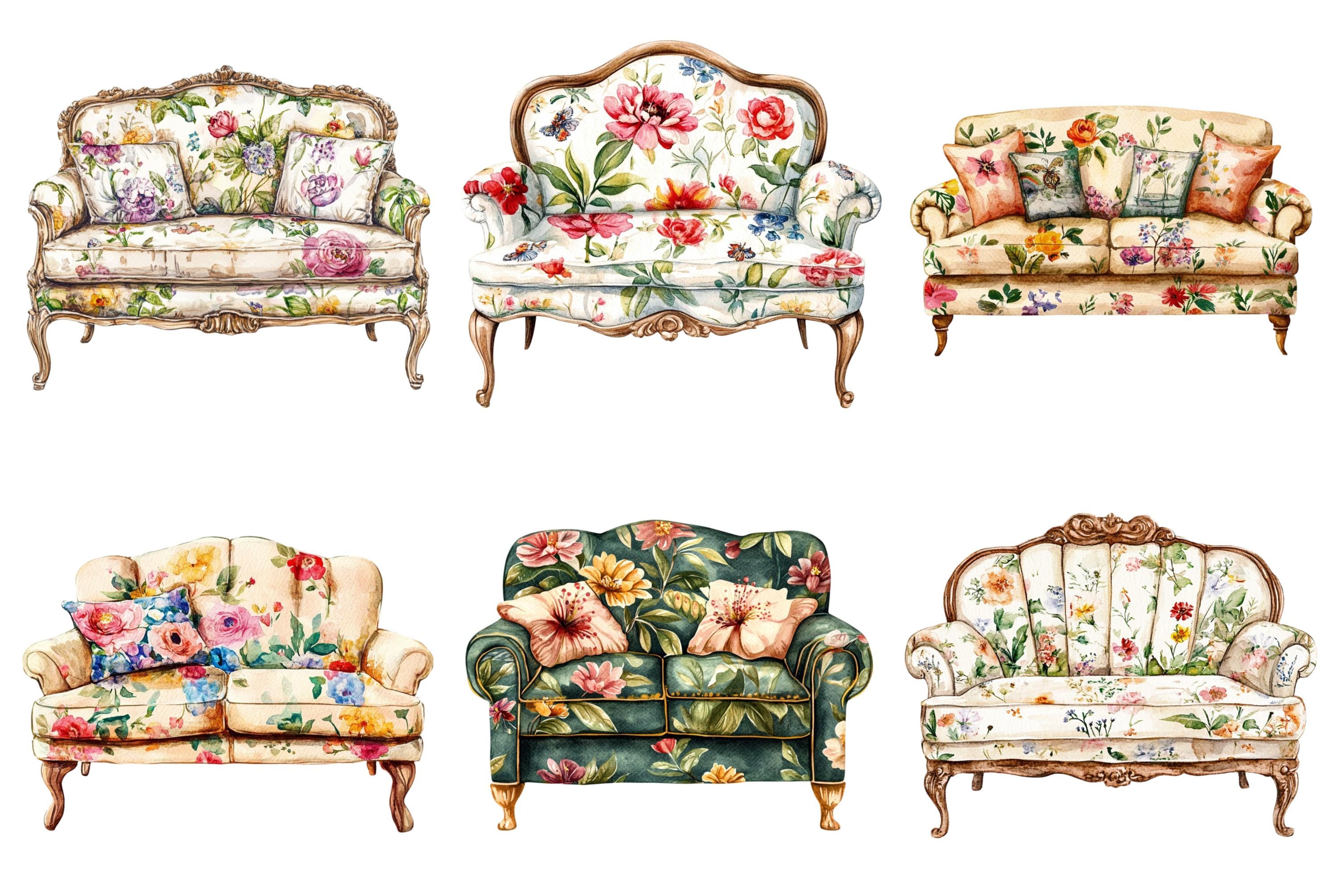 Watercolor Boho Sofa Clipart, Png Bundle, Clip Art, Floral Illustration ...