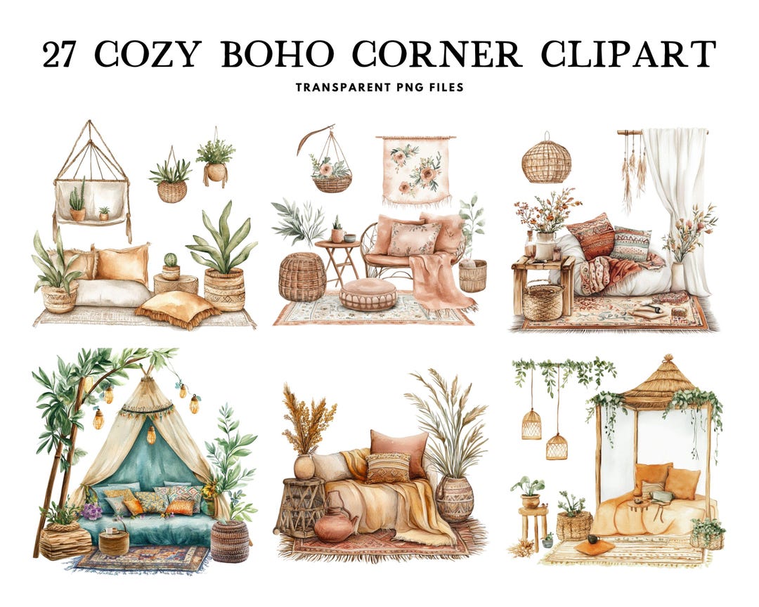 Watercolor Cozy Boho Corner Clipart Bundle, Png, Cozy Clip Art, Boho ...
