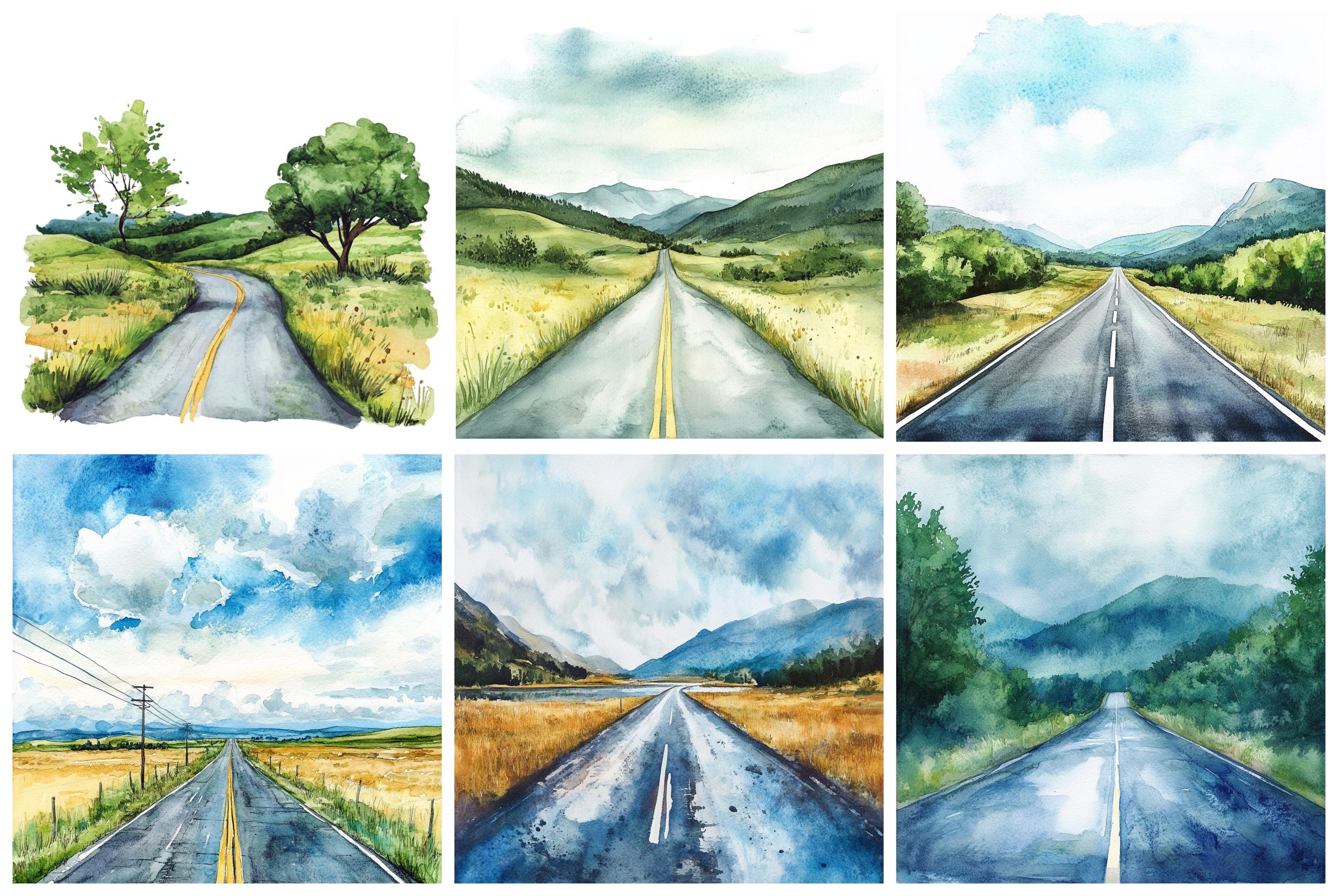 Watercolor Empty Road Clipart Bundle, Empty Road Png, Road Landscape ...
