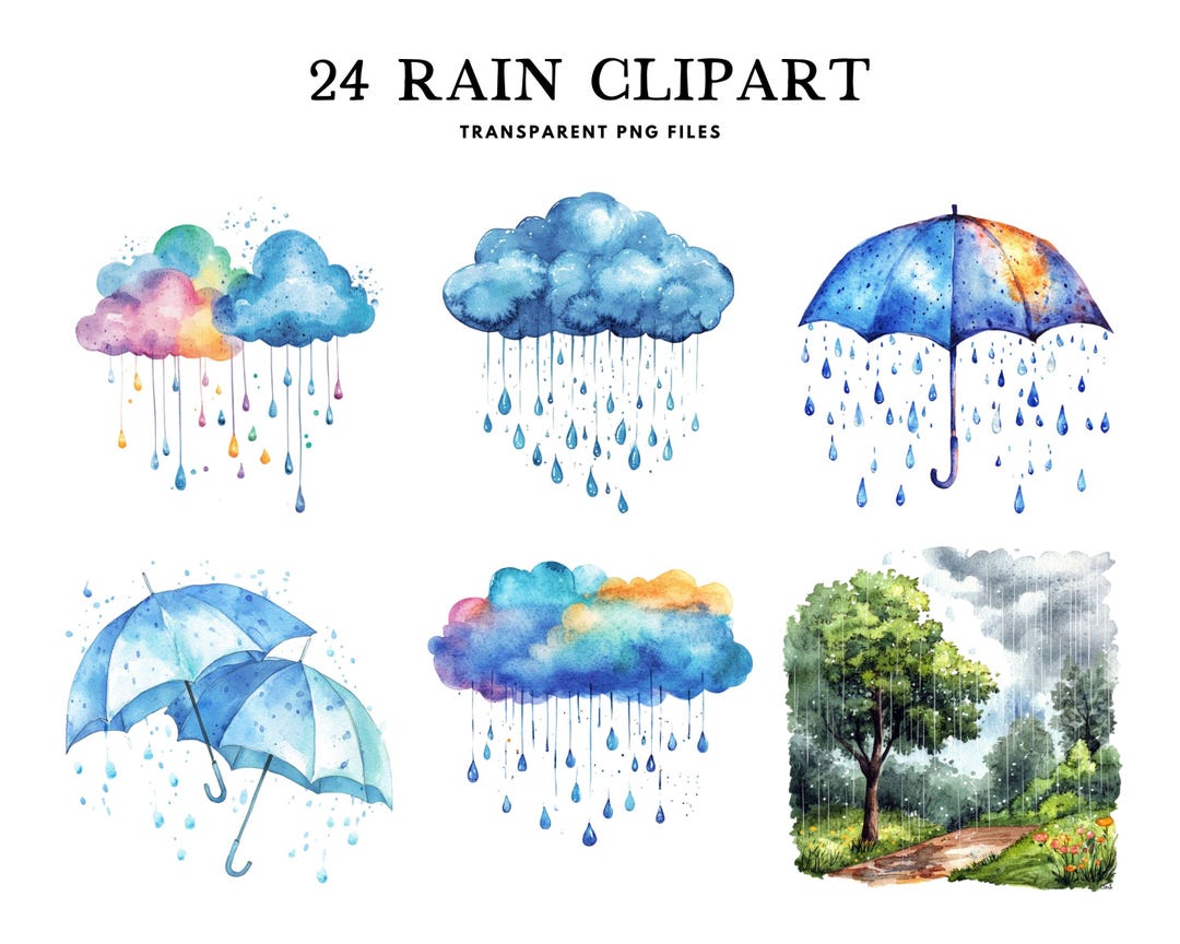 Watercolor Rain Clipart, Png Bundle, Landscape Clip Art, Cloud ...