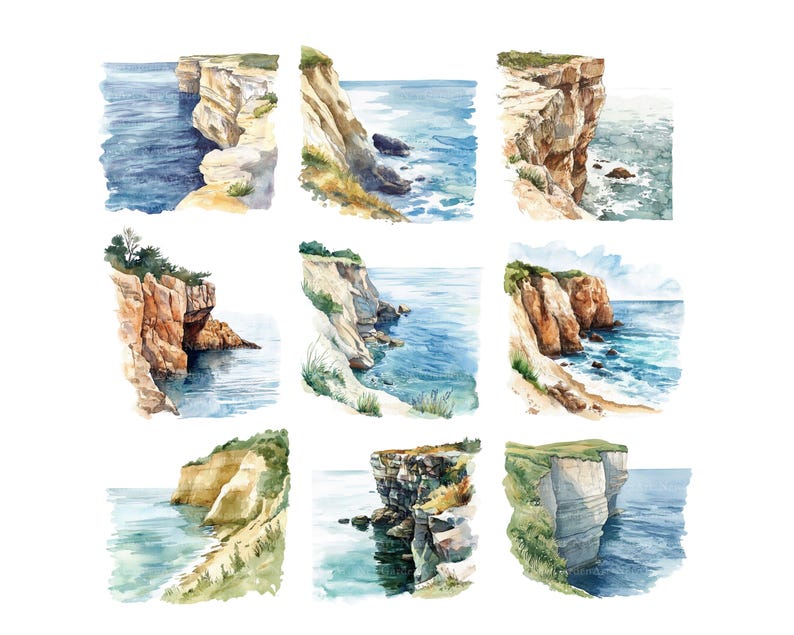 Watercolor Coastal Cliff Clipart Bundle, Coastal Cliff Landscape Png ...