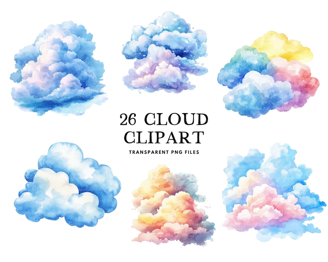 Watercolor Cloud Clipart Bundle, Cloud Png, Sky Clip Art, Cute ...