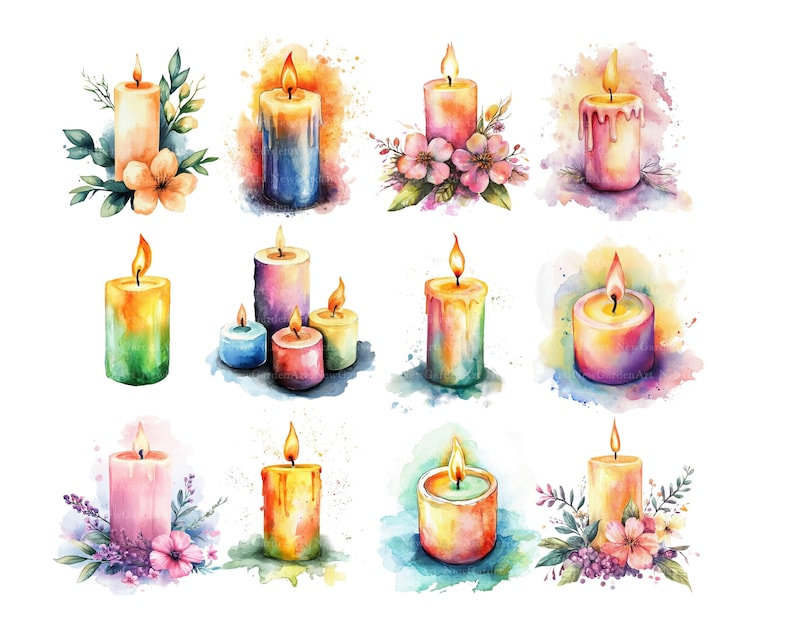 Watercolor Candle Clipart Bundle, Floral Candle Png Illustration ...