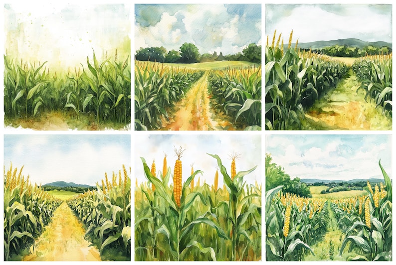 Watercolor Corn Field Landscape Clipart Bundle, Png Clip Art ...