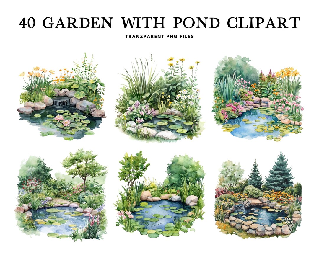 Watercolor Garden With Pond Clipart, Png Bundle, Clip Art, Illustration ...