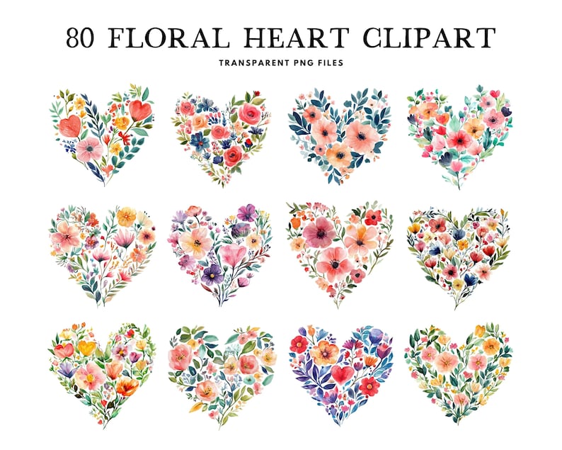Watercolor Floral Heart Clipart, Png Bundle, Clip Art, Flower ...