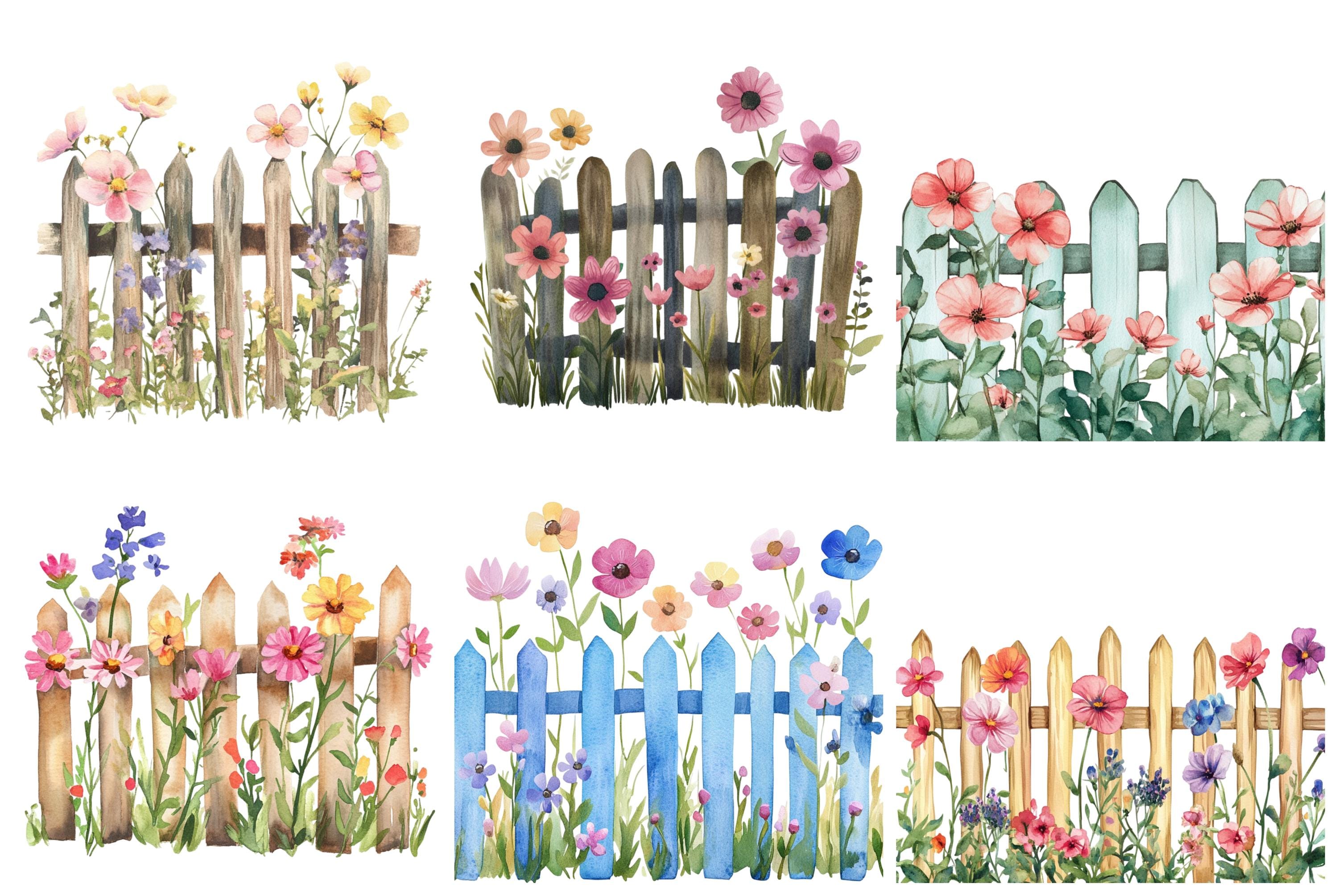 Watercolor Floral Fence Clipart, Floral Fence Png Bundle, Fence Clip ...