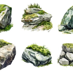 Watercolor Mossy Rock Clipart, Png Bundle, Stone Clip Art, Illustration ...