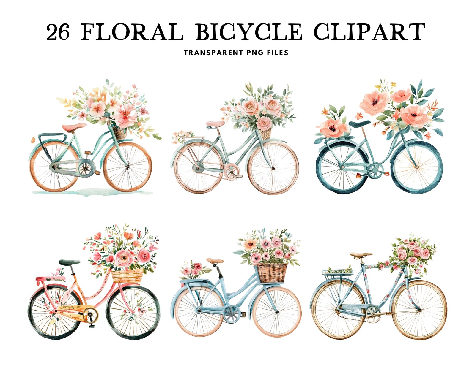 Watercolor Floral Bicycle Clipart, Floral Bicycle Png Bundle, Bicycle ...