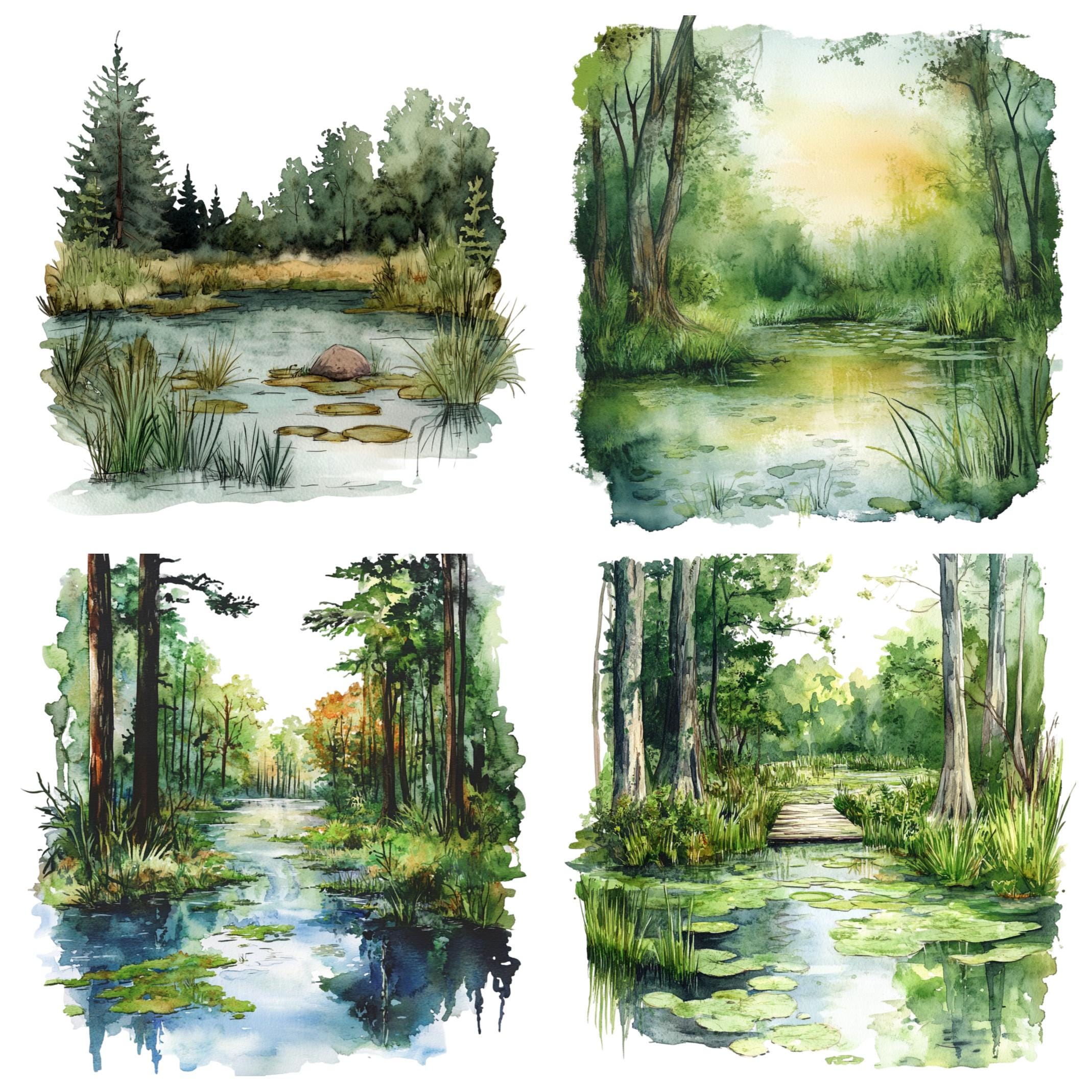Watercolor Swamp Clipart, Png Bundle, Landscape Clip Art, Wetland ...