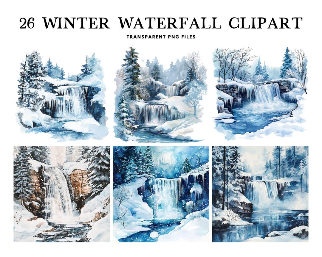 Watercolor Winter Waterfall Clipart, Png Bundle, Clip Art, Landscape ...