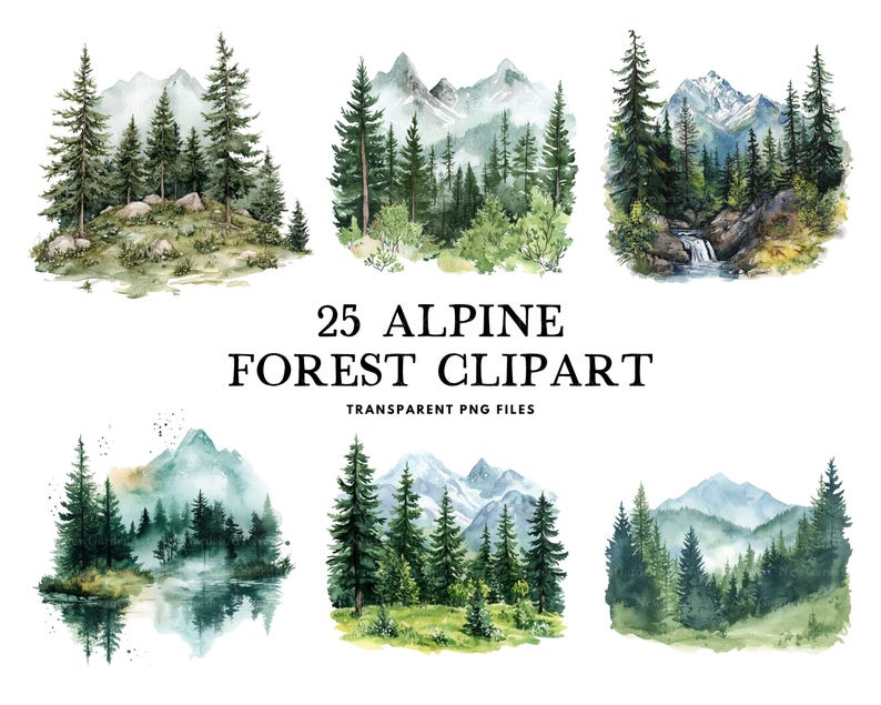 Watercolor Alpine Forest Clipart Bundle, Alpine Forest Png, Forest Clip ...