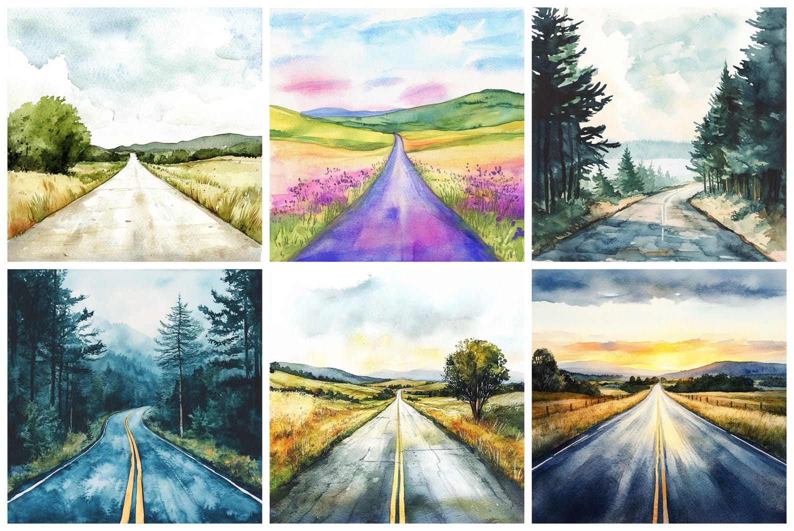 Watercolor Empty Road Clipart Bundle, Empty Road Png, Road Landscape ...