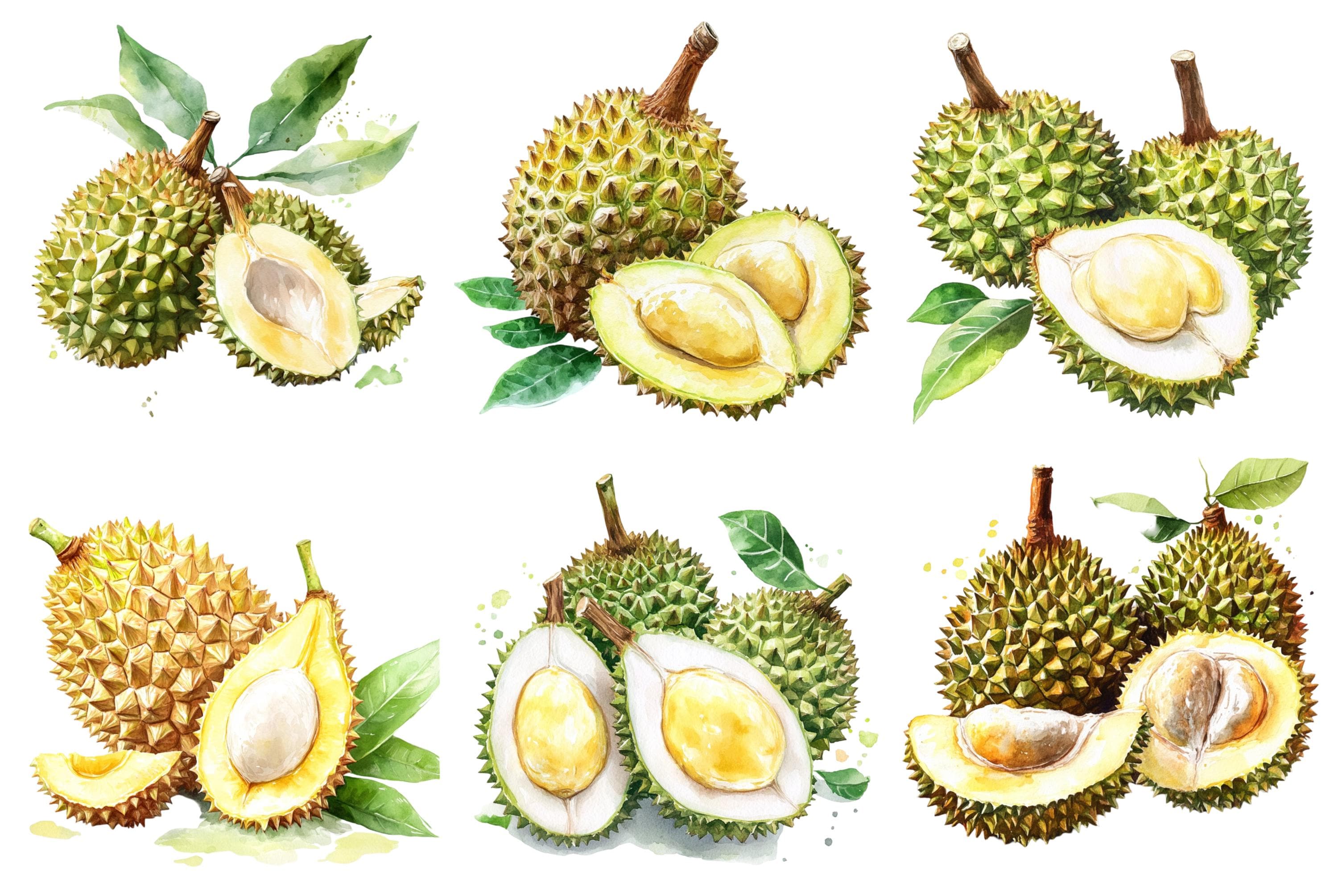 Watercolor Durian Clipart Bundle, Durian Png, Fruit Clip Art ...