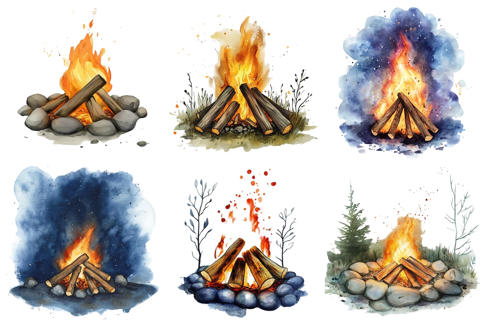 Watercolor Campfire Clipart, Campfire Png Bundle, Camping Clip Art ...
