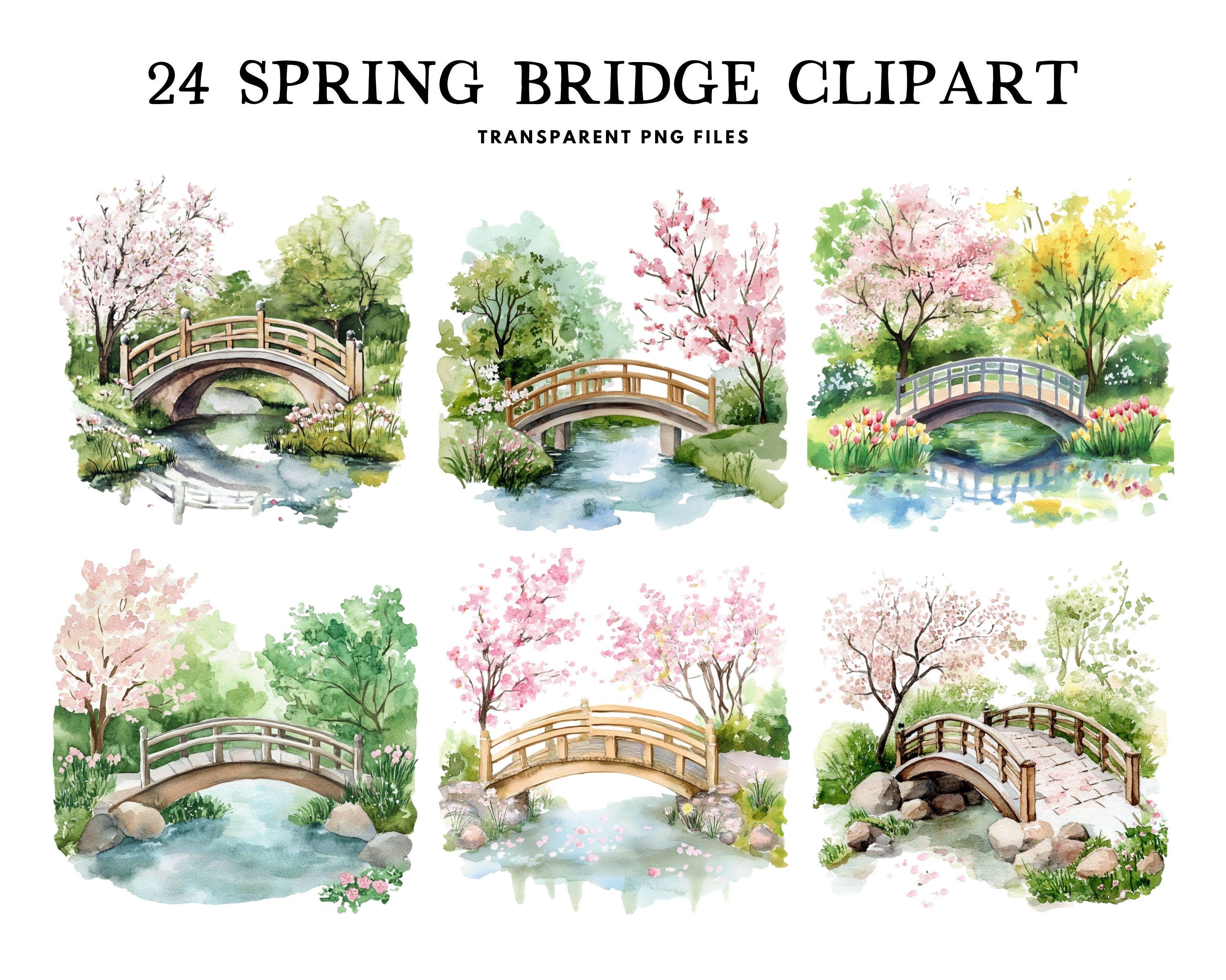 Watercolor Spring Bridge Clipart, Png Bundle, Clip Art, Illustration ...