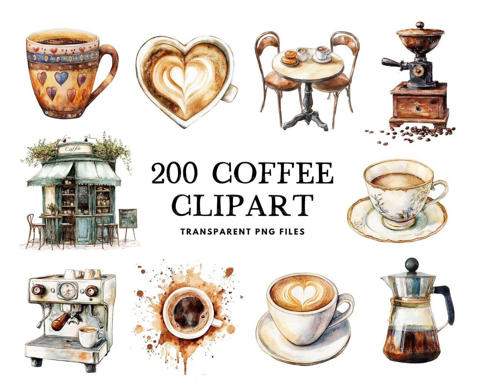 Watercolor Coffee Clipart Bundle, Coffee Png, Illustration, Latte Art ...