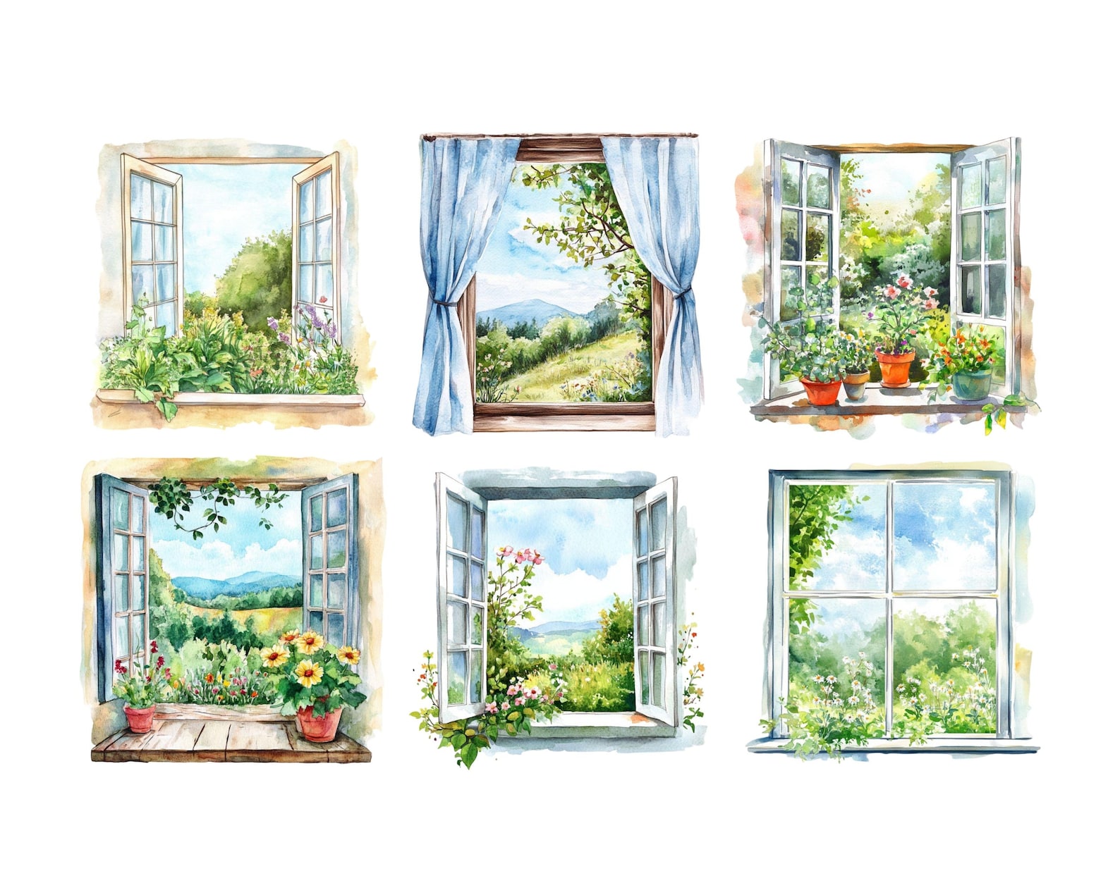 Watercolor Summer Window Clipart Bundle, Summer Window Png, Summer Clip ...