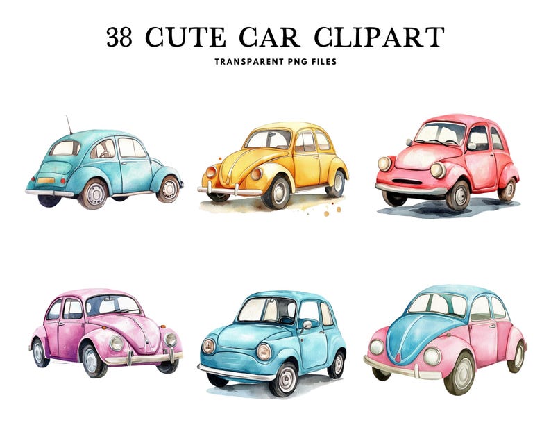 Watercolor Cute Car Clipart Bundle, Cartoon Car Png, Car Clip Art, Cute ...