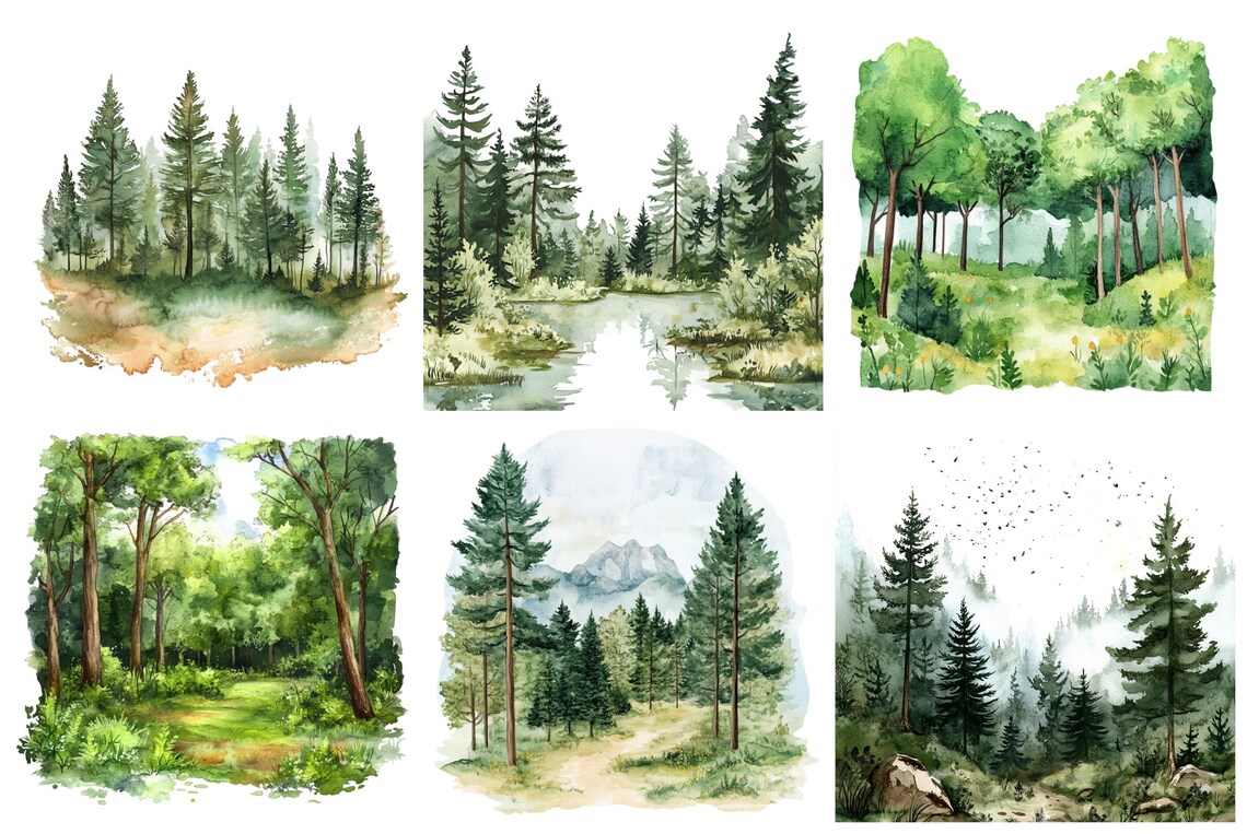 Watercolor Forest Clipart, Png Bundle, Landscape Clip Art, Nature ...