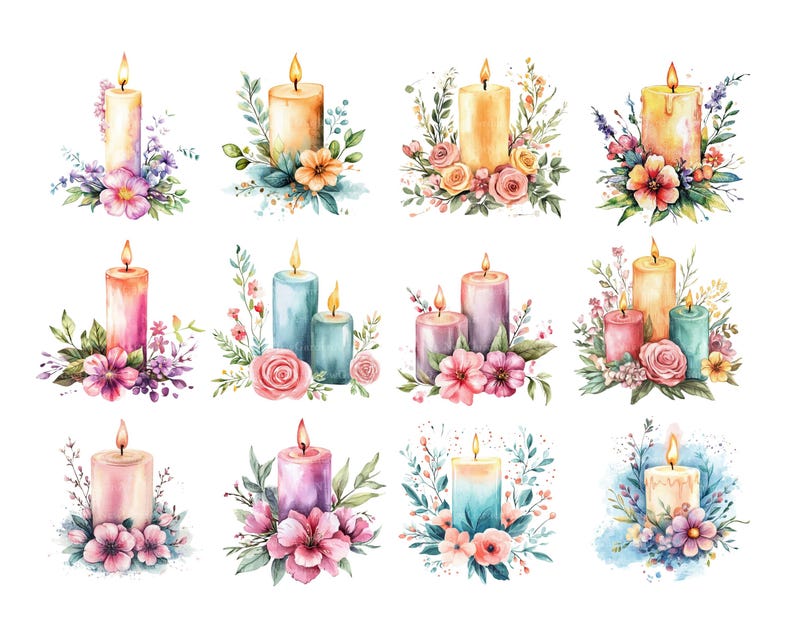 Watercolor Candle Clipart Bundle, Floral Candle Png Illustration ...
