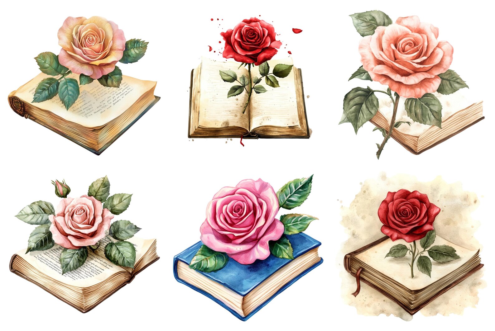 Watercolor Rose Book Clipart, Png Bundle, Clip Art, Illustration ...