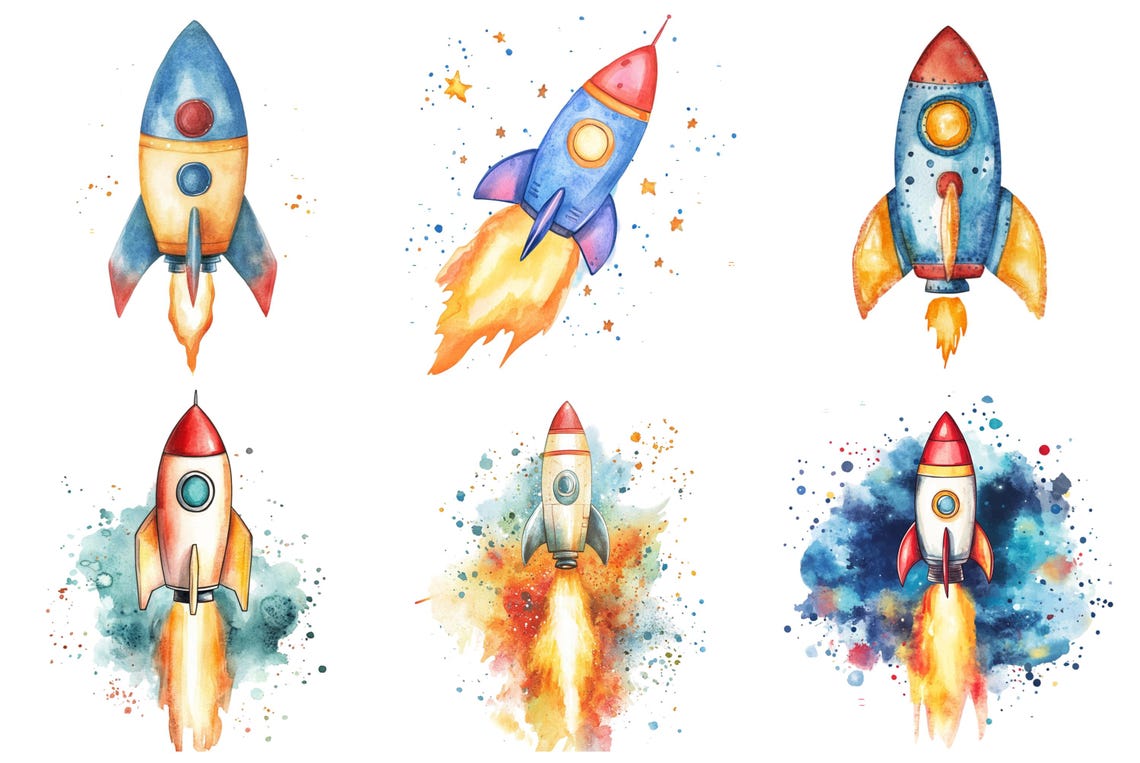 Watercolor Rocket Clipart, Png Bundle, Spaceship Clip Art, Ship ...