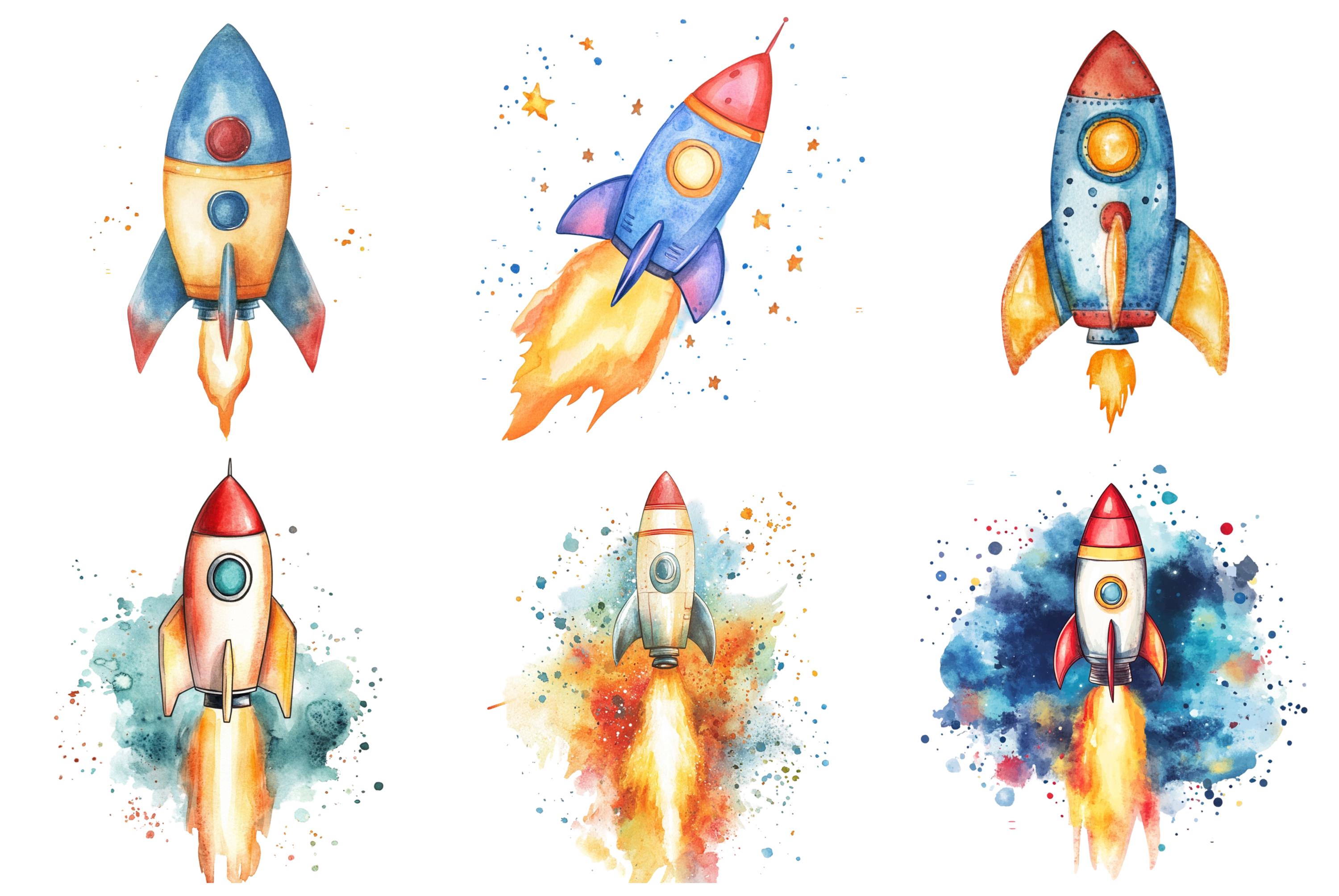 Watercolor Rocket Clipart, Png Bundle, Spaceship Clip Art, Ship ...