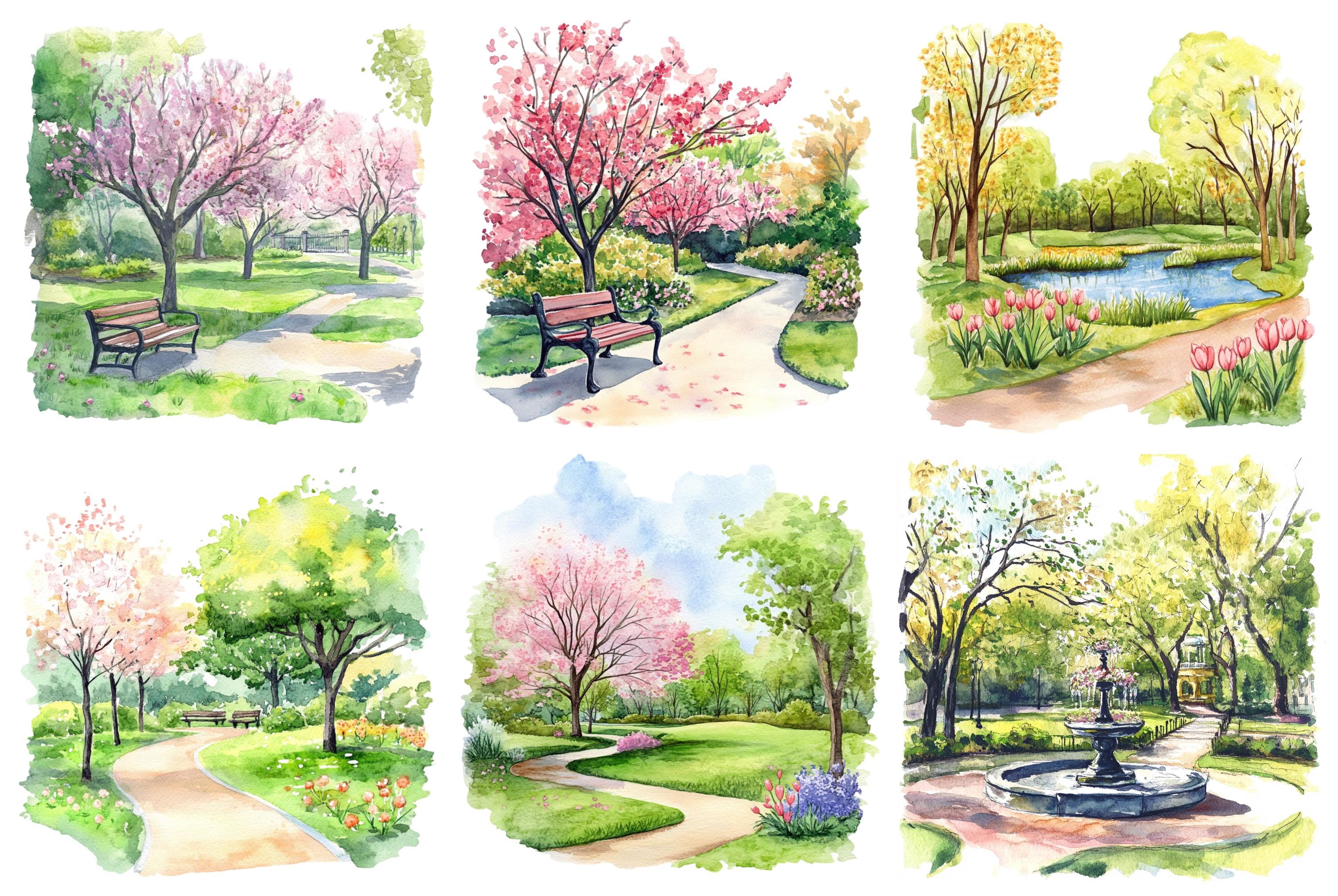 Watercolor Spring Park Clipart, Png Bundle, Clip Art, Illustration ...