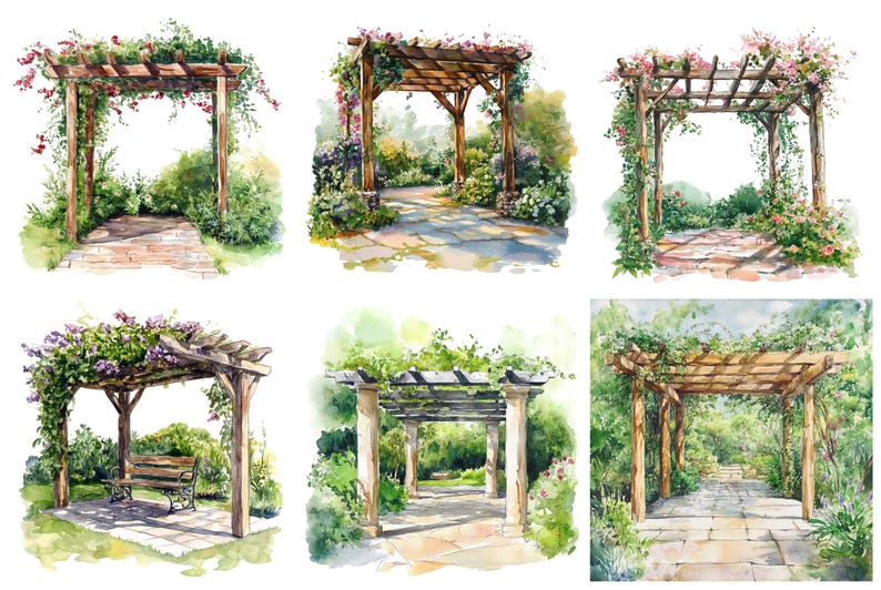 Watercolor Pergola Clipart, Png Bundle, Garden Clip Art, Landscape ...