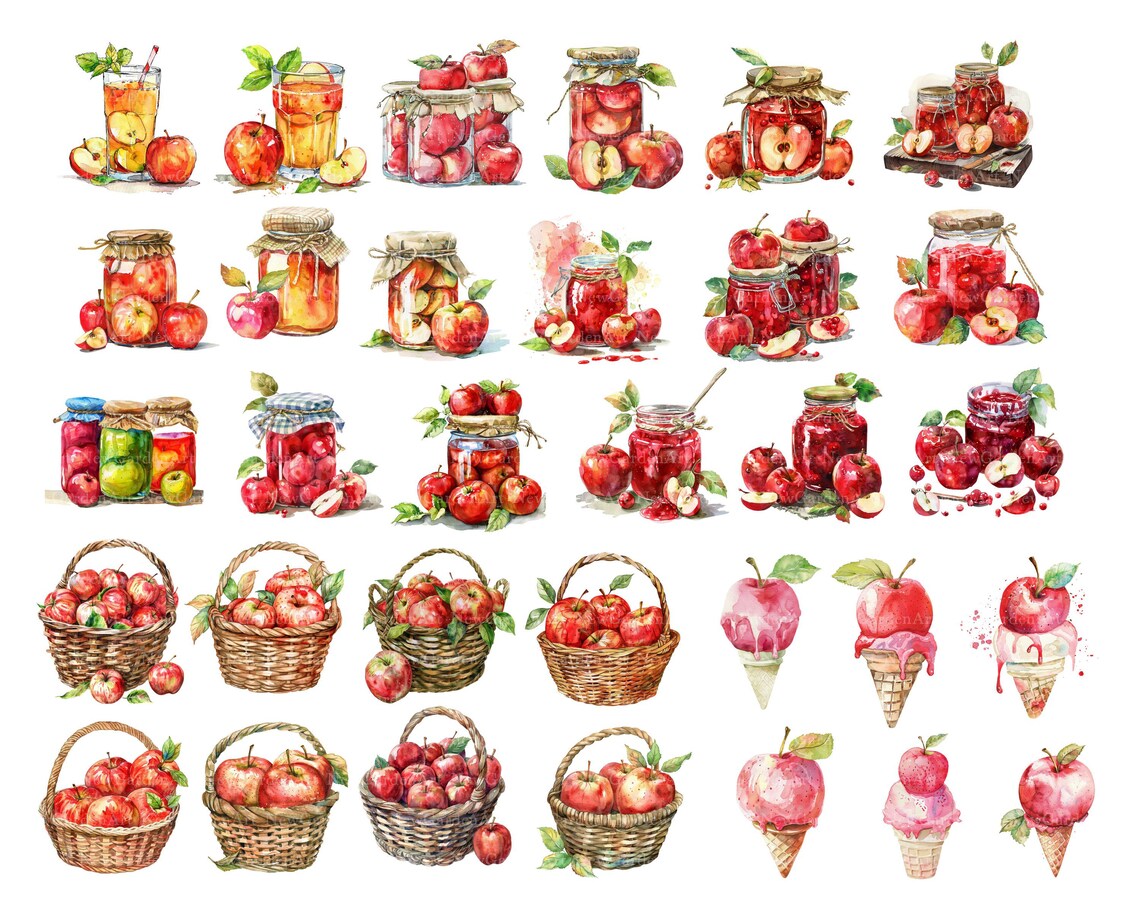 Watercolor Apple Clipart Bundle, Apple Png, Apple Pie Clip Art, Apple ...