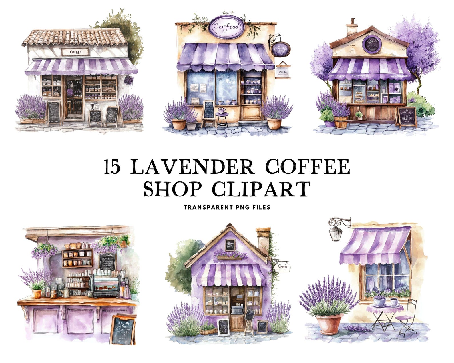 Watercolor Lavender Coffee Shop Clipart Bundle, Coffee Shop Png, Cafe ...