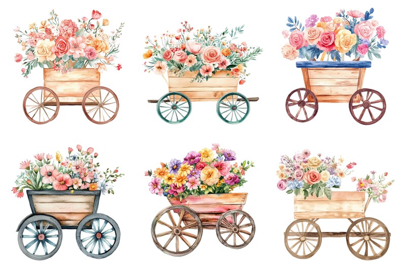 Watercolor Floral Cart Clipart, Png Bundle, Flower Clip Art ...