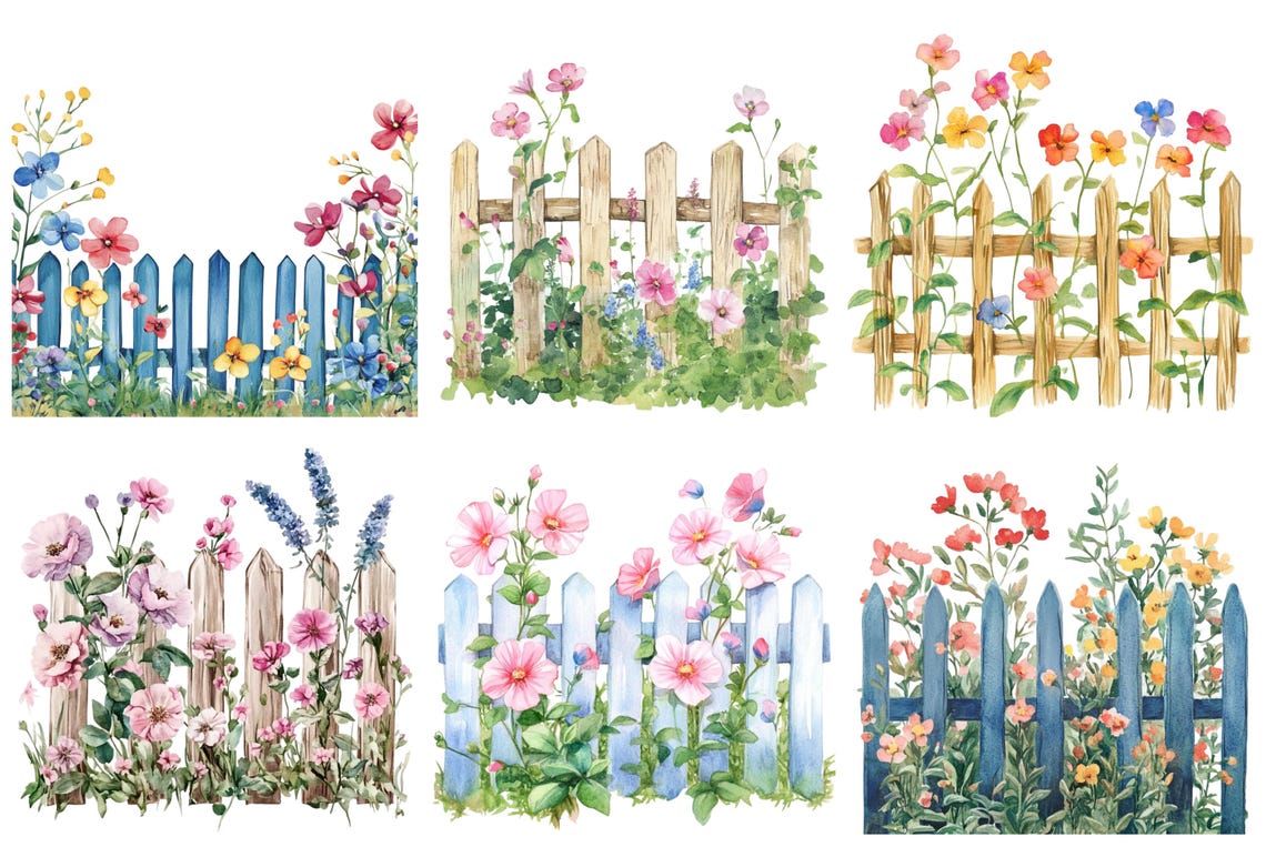 Watercolor Floral Fence Clipart, Floral Fence Png Bundle, Fence Clip ...