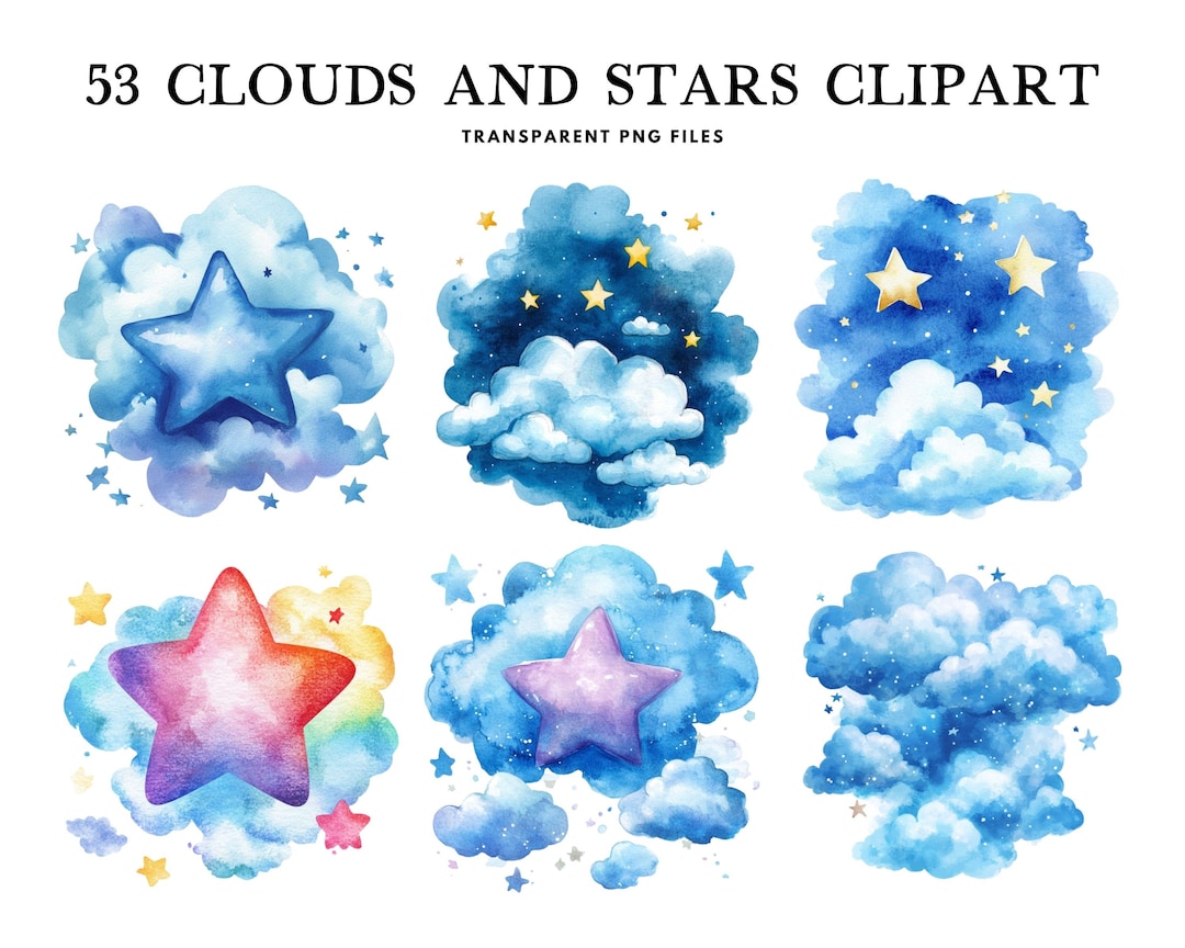 Watercolor Clouds and Stars Clipart Bundle, Png, Cloud Clip Art, Star ...