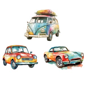 Watercolor Car Clipart Bundle, Car Png, Vintage Car Clip Art, Retro Car ...