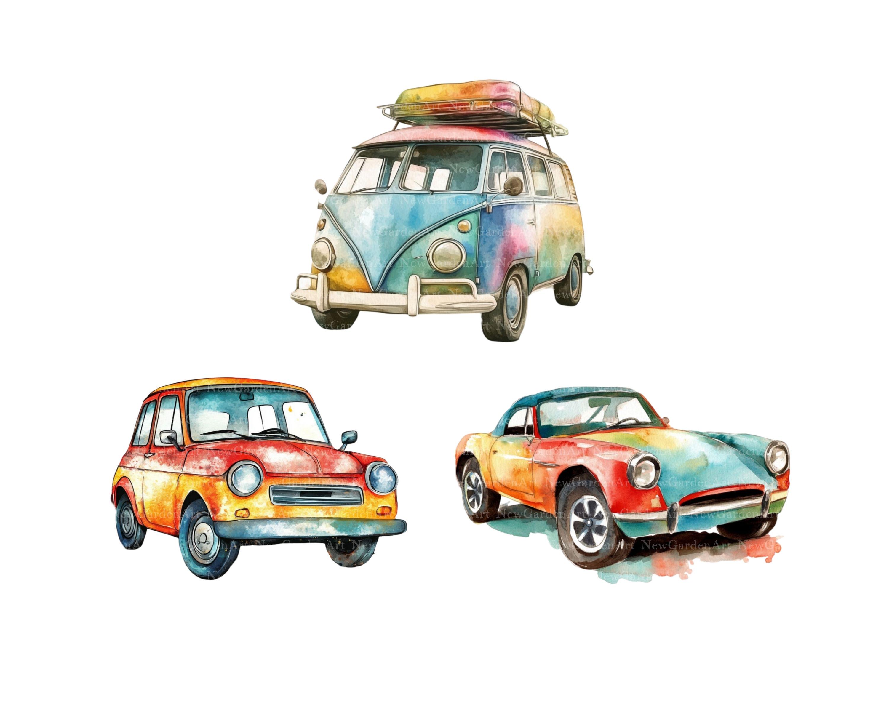 Watercolor Car Clipart Bundle, Car Png, Vintage Car Clip Art, Retro Car ...