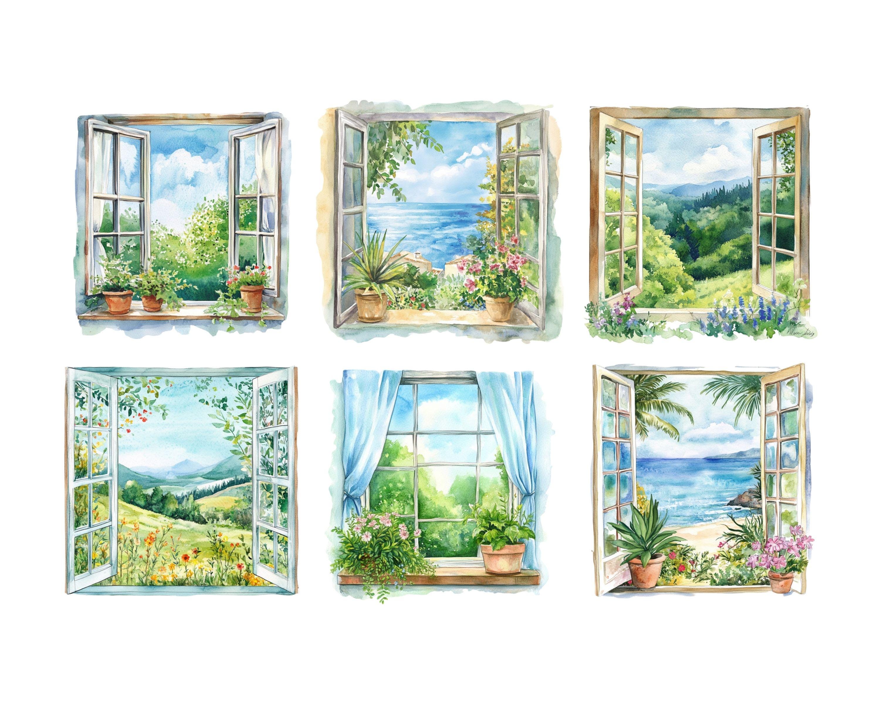 Watercolor Summer Window Clipart Bundle, Summer Window Png, Summer Clip ...