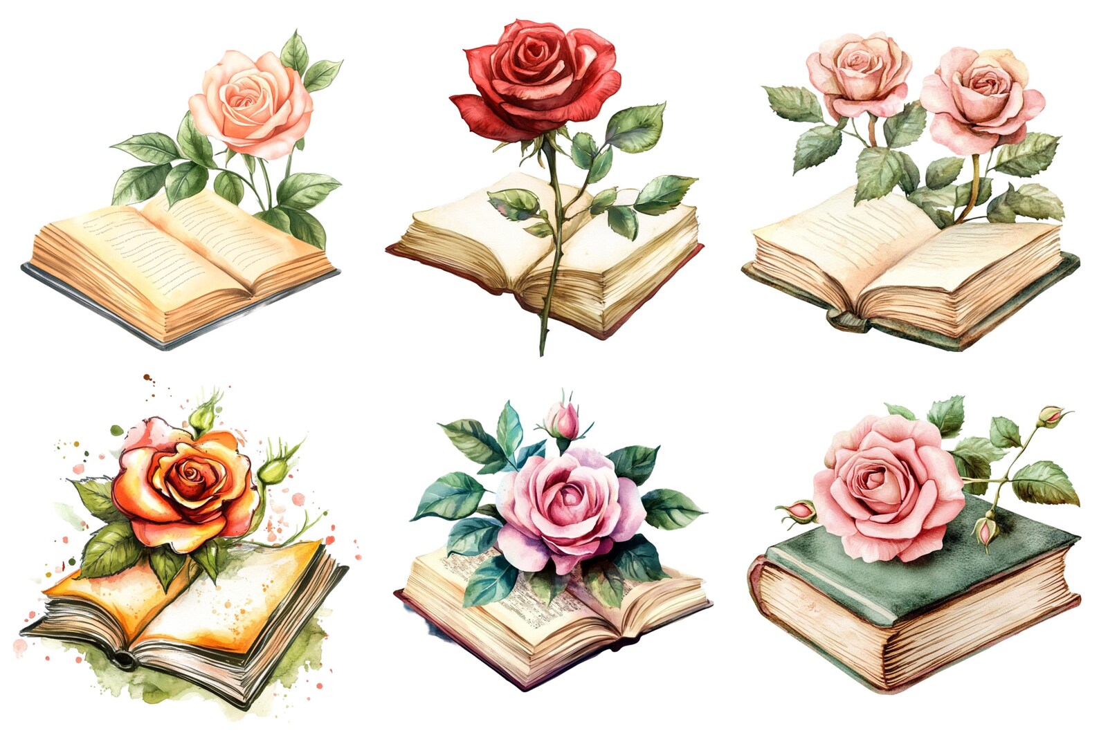 Watercolor Rose Book Clipart, Png Bundle, Clip Art, Illustration ...