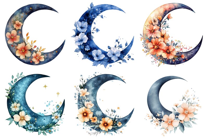 Watercolor Moon With Flower Clipart, Png Bundle, Clip Art, Flower ...