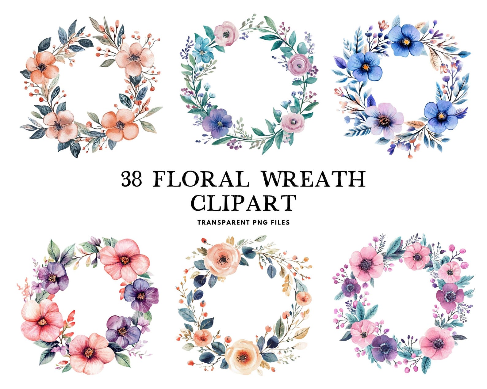 Watercolor Floral Wreath Clipart Bundle, Floral Wreath Png, Flower ...