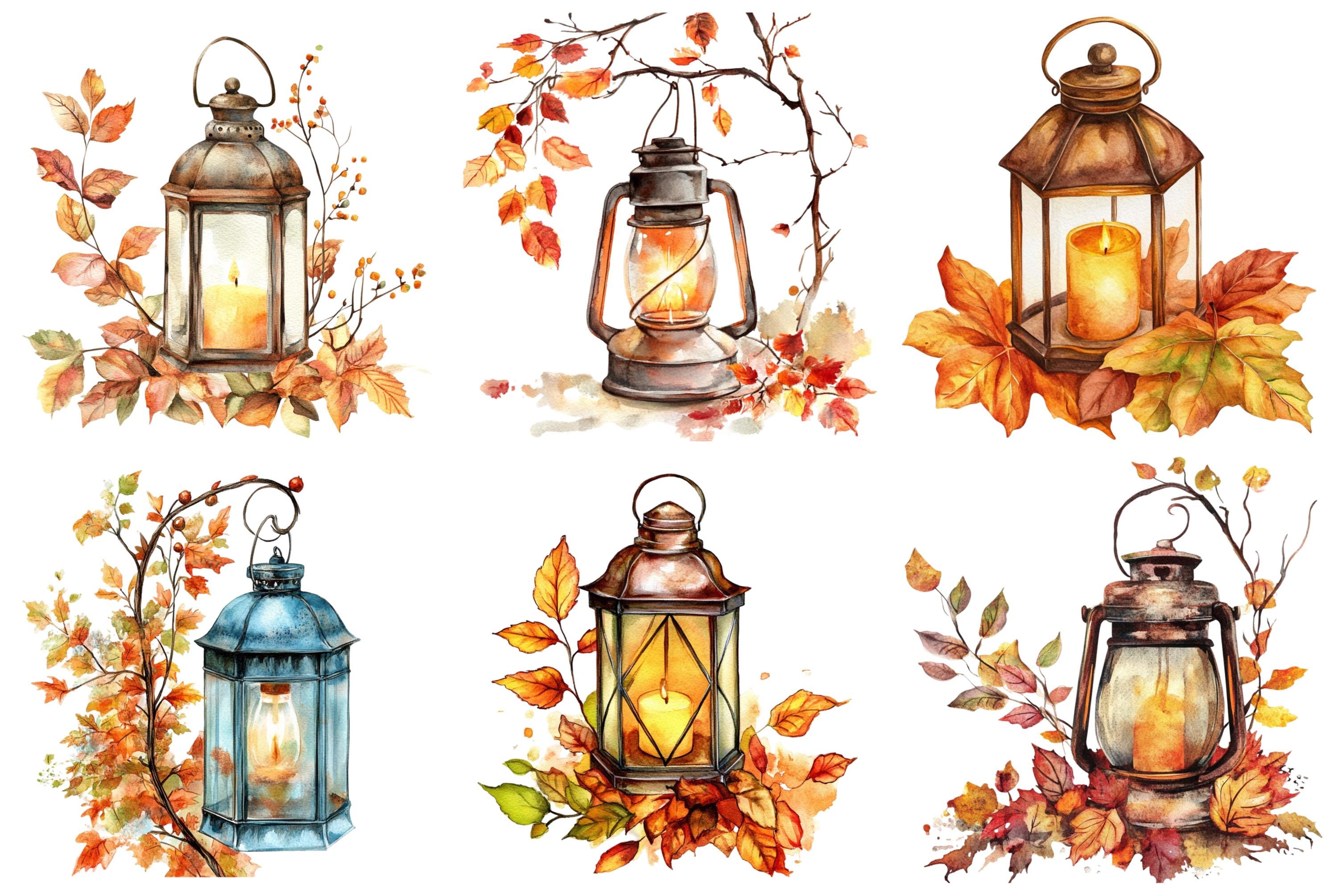 Watercolor Autumn Lantern Clipart, Png Bundle, Clip Art Illustration ...