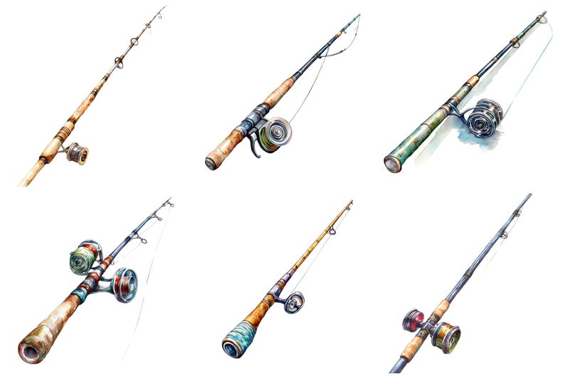 Watercolor Fishing Rod Clipart, Fishing Rod Png Bundle, Clip Art, Rod ...
