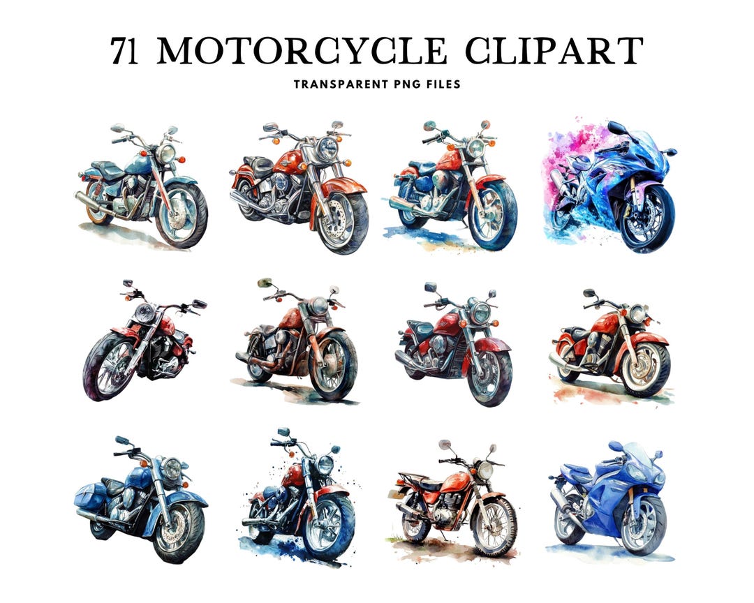 Watercolor Motorcycle Clipart Bundle, Motorcycle Png, Classic Motorbike ...