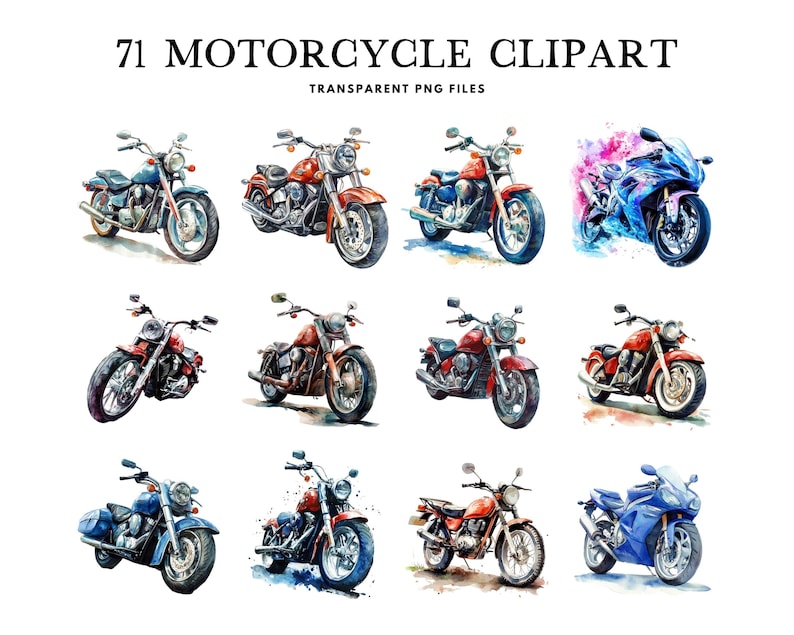 Watercolor Motorcycle Clipart Bundle, Motorcycle Png, Classic Motorbike ...