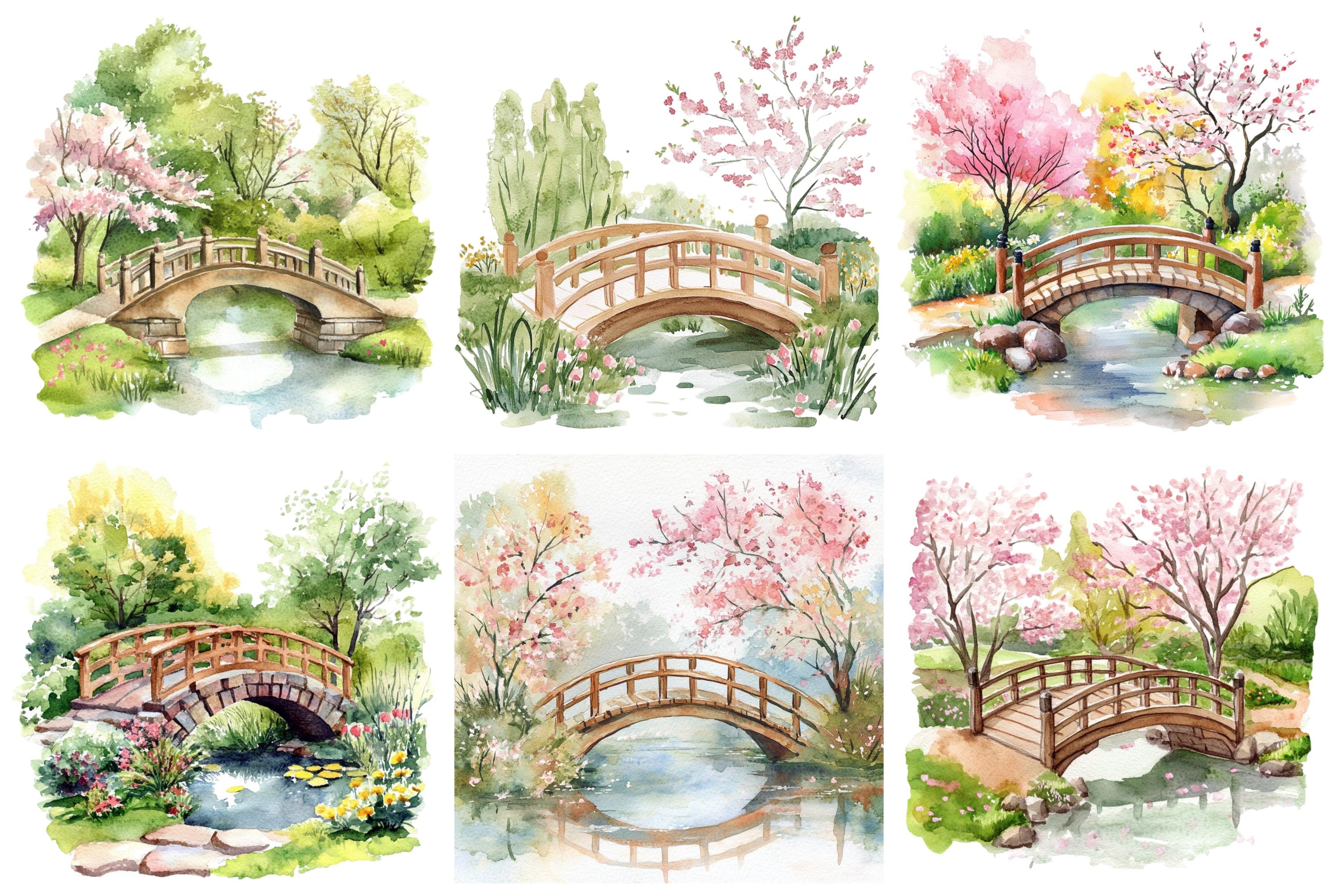 Watercolor Spring Bridge Clipart, Png Bundle, Clip Art, Illustration ...