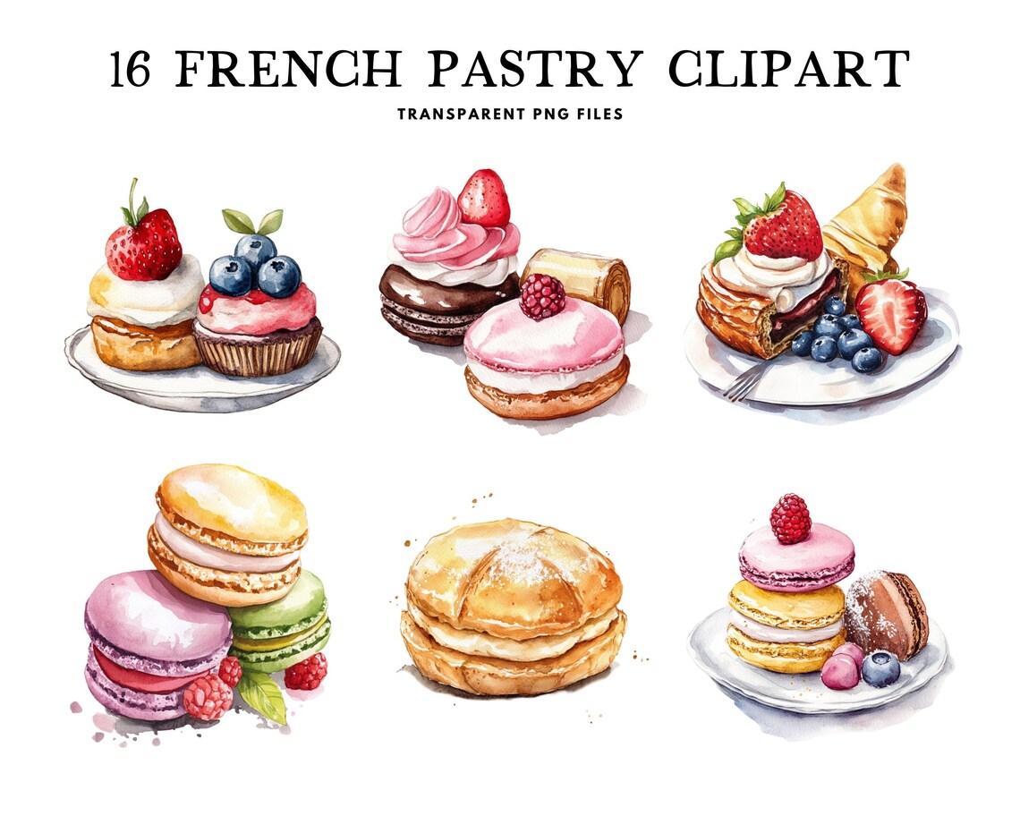 Watercolor French Pastry Clipart, Png Bundle, Dessert Clip Art ...