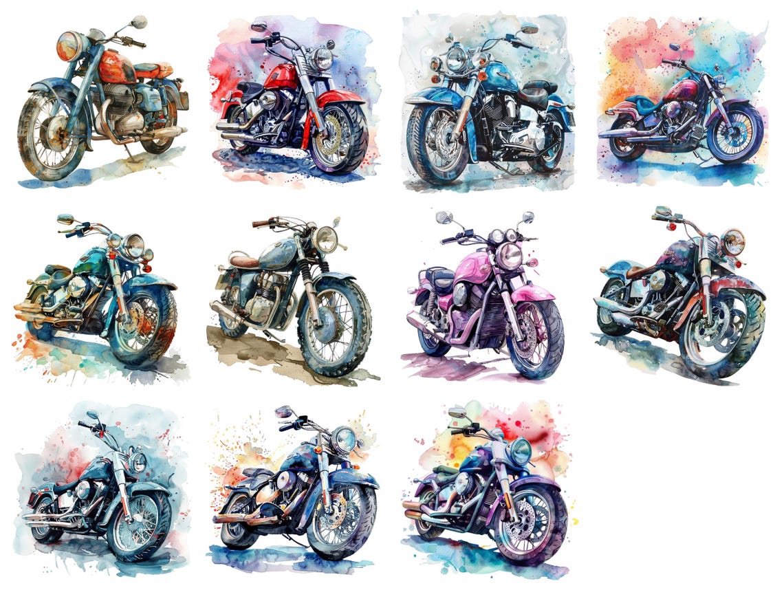 Watercolor Motorcycle Clipart Bundle, Motorcycle Png, Classic Motorbike ...
